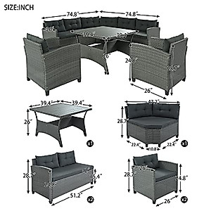 DHPM 6 Pieces Patio PE Wicker Furniture Set Outdoor Brown Rattan Sectional Conversation Sofa Chair with Storage Table and Beige Cushions, for Garden, Yard, Deck, Black