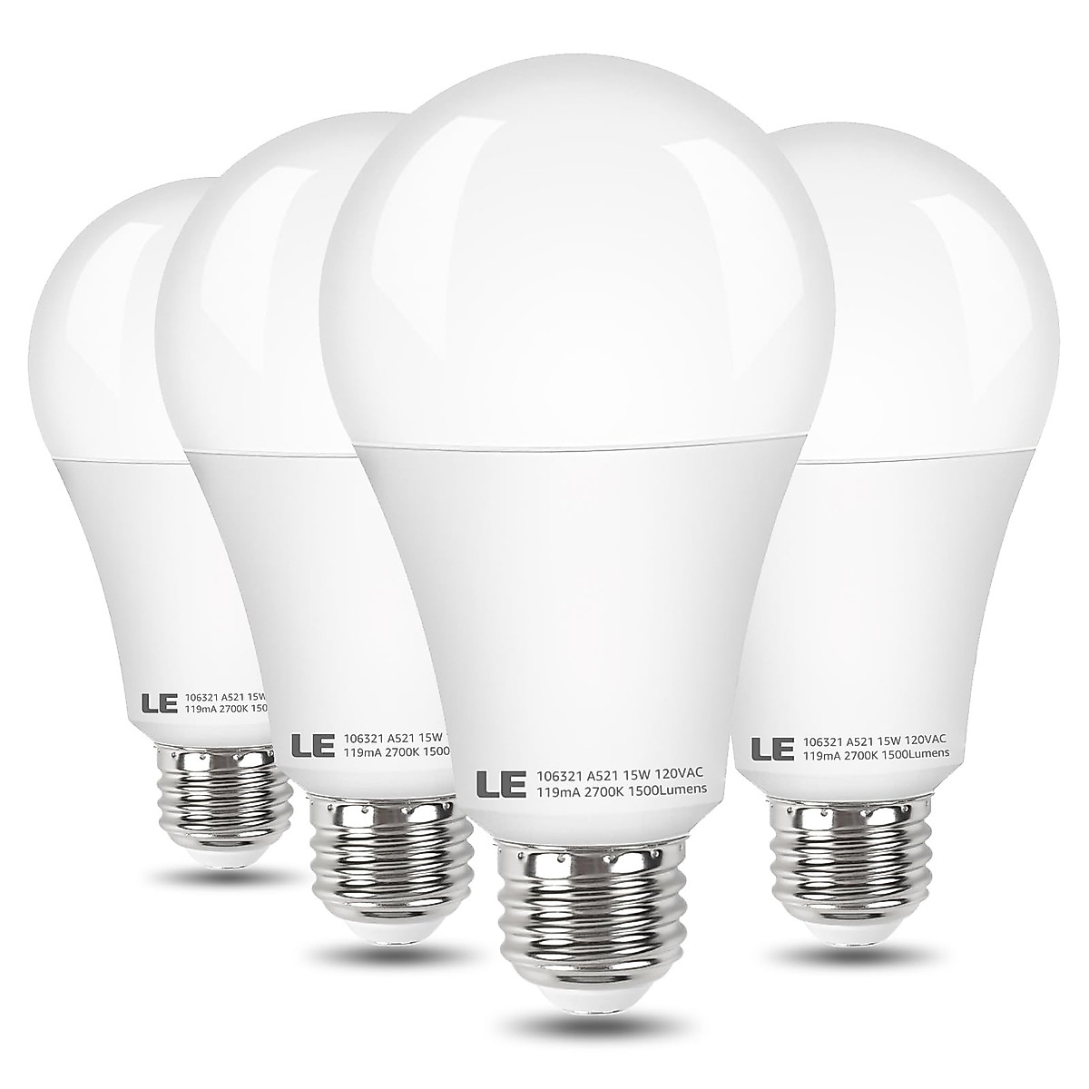 LE Dimmable 100W Bulbs Equivalent, 15W 1500LM, A21 E26 LED Light Bulbs, 200° Beam Angle, 2700K Warm White, Pack of 4