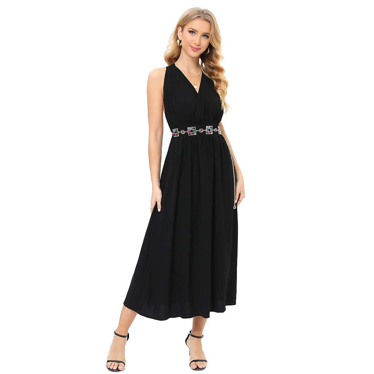 FAN&LOUIS Sparkly Gold Rhinestone Chain Belt for Women Ladies for Dresses Bling Diamond Crystal Glitter Jeweled Metal Fashion Cute Belly Waist Chain Belt S