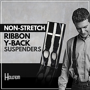 HOLD'EM Suspender for Men MADE IN USA – Y-Back Genuine Leather Trimmed Button End Non-Stretch Tuxedo Suspenders -Black