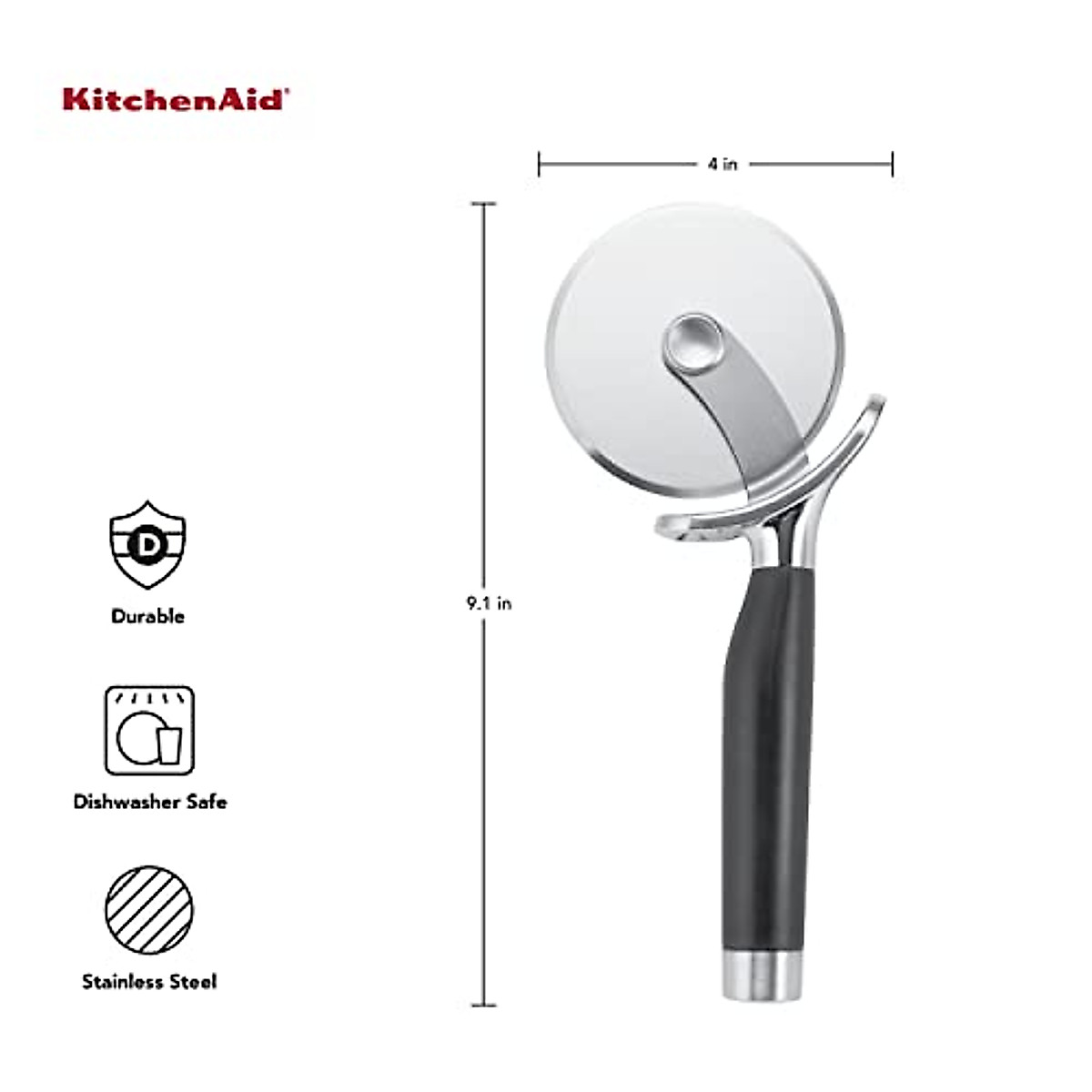 KitchenAid Gourmet Stainless Steel Pizza Wheel with Sharp Blade to Easily Cutting Pizza Crusts, Pies, and more, Finger Guard for Safety and Comfort Grip to Protect Fingers, Dishwasher Safe, Black