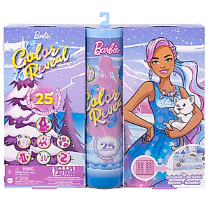 Barbie Color Reveal Advent Calendar, 1 Color Reveal Doll & 3 Pets, Clothes, Accessories & 2 Hair Extensions, 25 Surprises, for Kids
