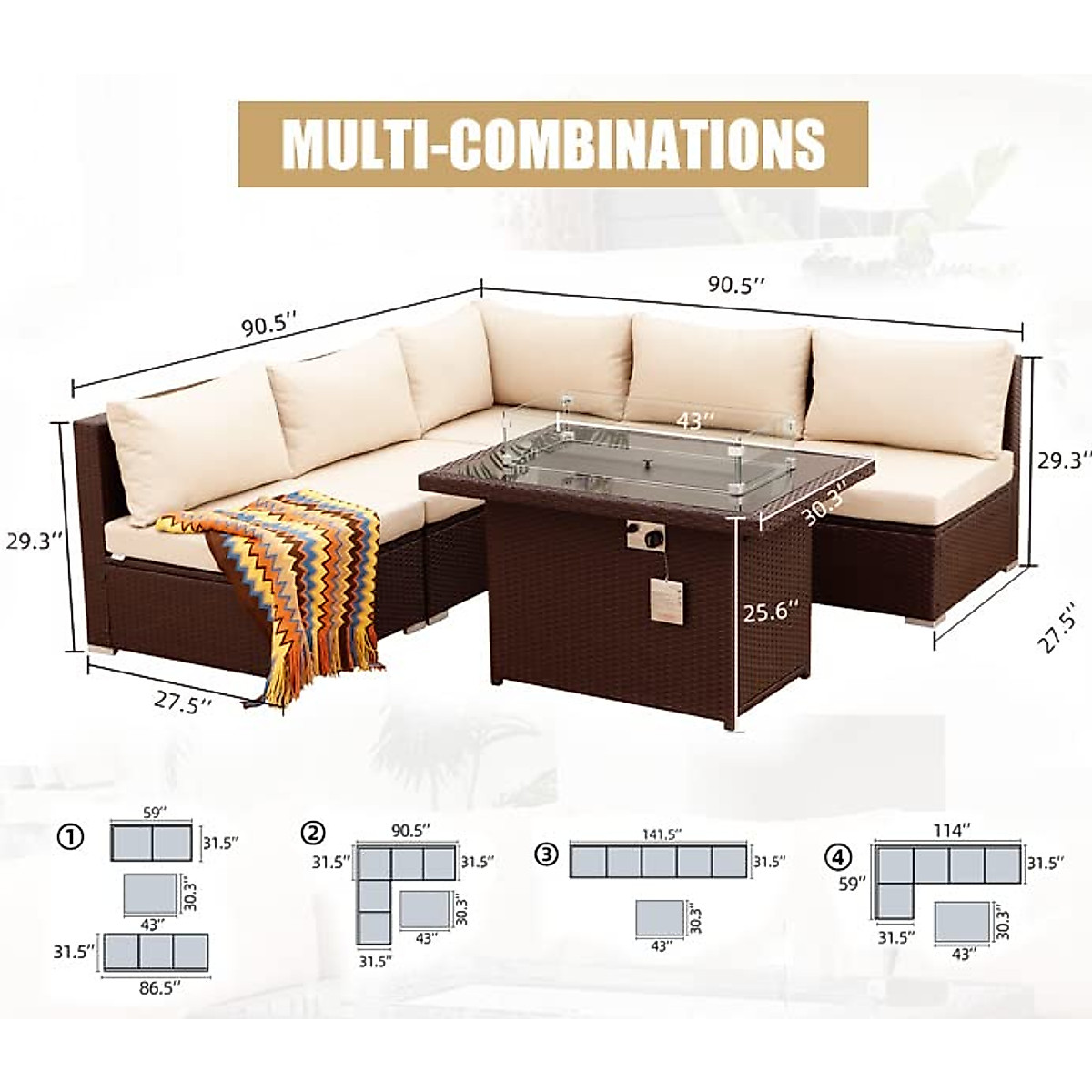 NICESOUL® Luxury High Back Extra Large Size PE Wicker Patio Furniture Sectionals 6 Pcs Outdoor Couch Sets with Fire Pit Table CSA Approved Espresso