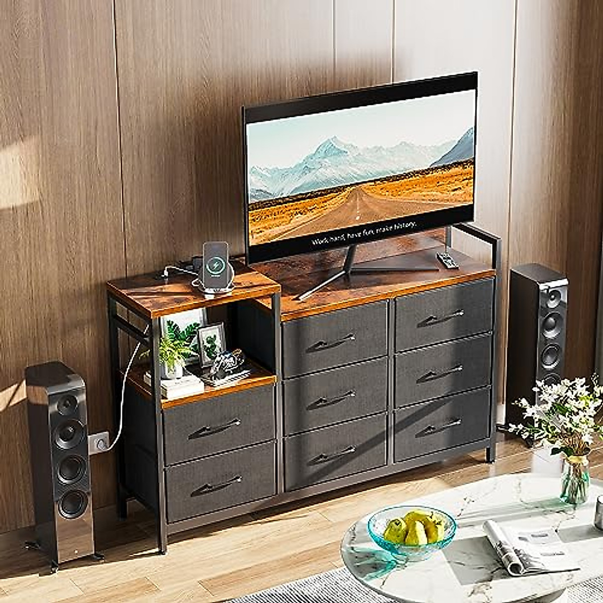 ODK Dresser with Charging Station, Wide Dresser 52'' Long Dresser for Bedroom Dresser with 8 Drawers, Chest of Drawers Easy-Pull Fabric Dressers for Closet, Living Room, Hallway, Vintage and Black