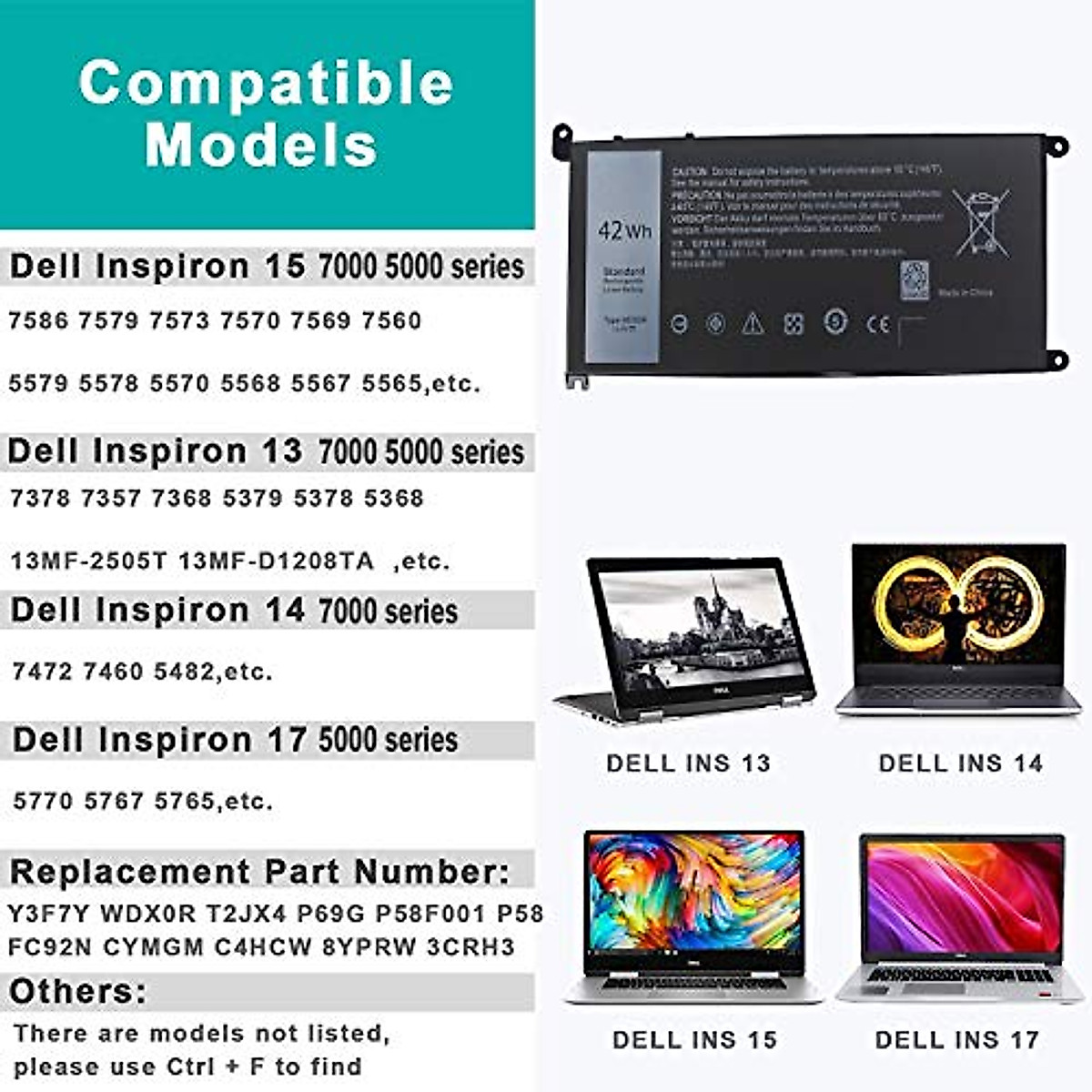 42WH WDX0R Battery for Dell Inspiron 15 5000 7000 Series 15 7579 7573 7560 7569 7570 5565 5567 5568 5570 5578 5579 7586 13 7368 7378 5368 5378 5379 17 5765 5767 5775 Latitude 3189 3580 P66F P58F P32E