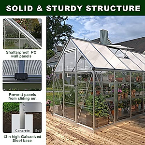 AMERLIFE 6x12 FT Hybrid Polycarbonate Greenhouse with Lockable Hinged Door 3 Vent Window Walk-in Hobby Greenhouse Aluminum Hot House for Outdoor Garden Backyard Silver