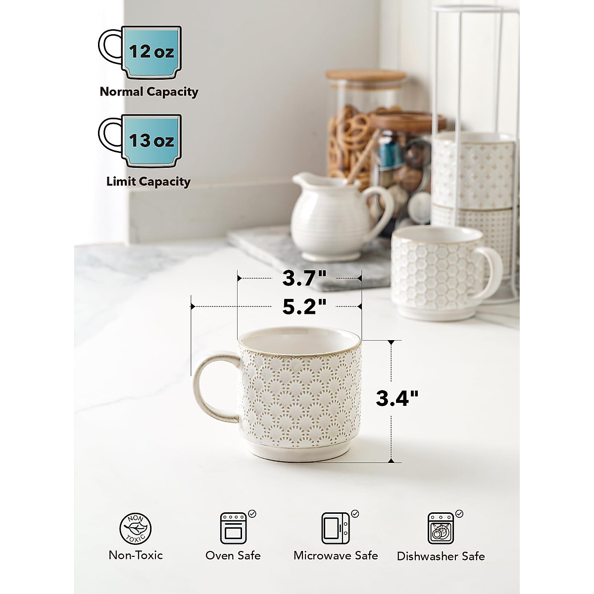 LE TAUCI Stackable Coffee Mugs Set with Stand, Ceramic Embossment Coffee Cups for Au Lait, Cappuccino,Latte,Cafe,Mocha,Tea, Suit For Housewarming Wedding - 12 oz, Set of 4,Arctic white