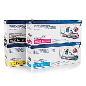 Brother TN221BK Standard Yield Black and TN225C, TN225M, TN225Y High Yield Cyan, Magenta and Yellow Toner Cartridge Set