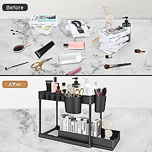 Under Sink Organizers And Storage 2 Pack Under Sink Organizer Under Sink Storage for Bathroom 8 Hooks And 4 Hanging Cups, The Bottom is Pull-Ou Tstorage, Suitable for Kitchen, Bathroom, Study Black