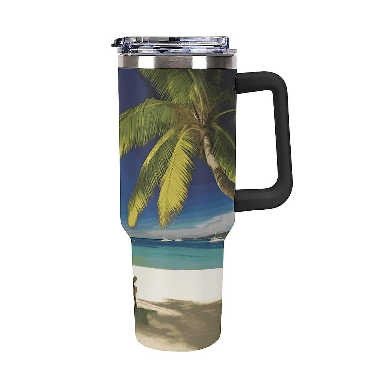 YTLKGFP 40 Oz Large Capacity Car Cup Beach Palm Tree Tumbler with Handle (Black) Straw Lid Insulated Stainless Steel Water Bottle Travel Mug Leak-proof Car Cup Keeps Cold Or Hot