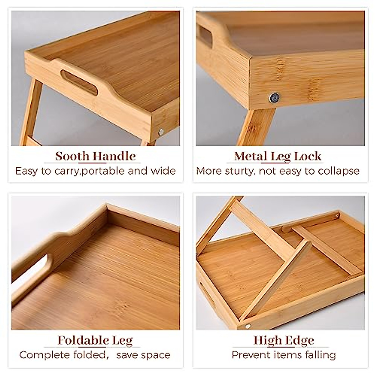 Bed Table Tray, Bamboo Bed Tray Table for Eating and Laptops, 19.7" x11.81'' Large Size Breakfast Food Tray Foldable Legs, Serving Tray with Handles for Sofa, Bed, Eating, Snacking and Working