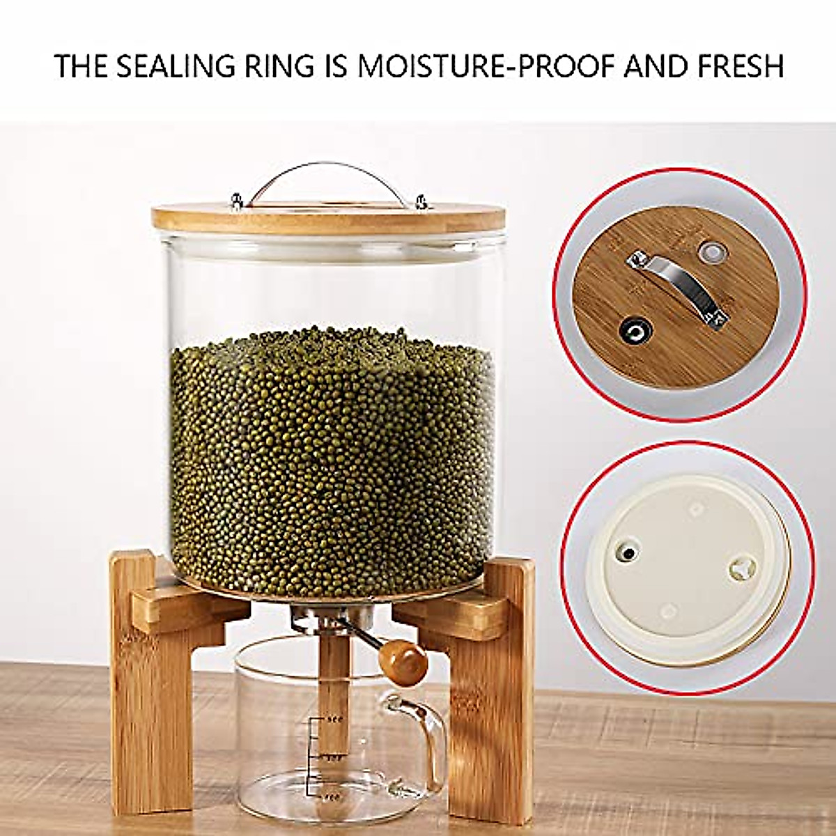 Flour and Cereal Container,5L/7.5L,Rice Dispenser,Glass Cereal Dispenser,Creative Glass Food Storge Container with Airtight Lid and Wooden Stand for Kitchen Pantry (5L)