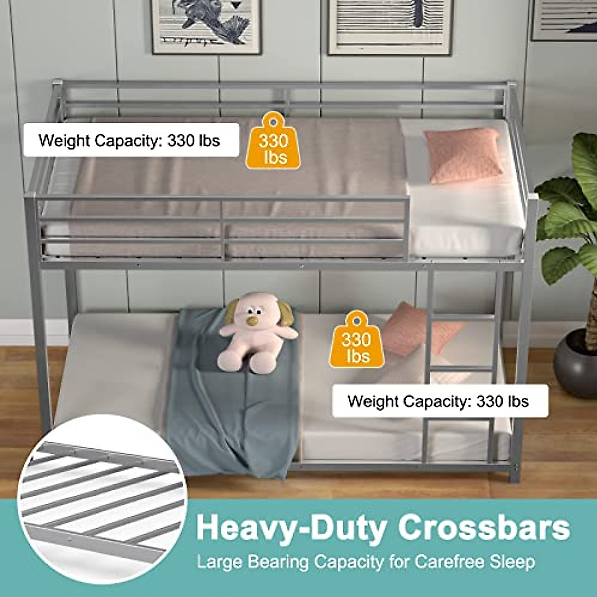 DORTALA Bunk Bed Twin Over Twin, Twin Bunk Beds w/Guardrail & Ladder, Metal Bunk Bed for Dormitory & Multiple-Child Family, Twin Bunk Beds for Toddler, Kids, Silver