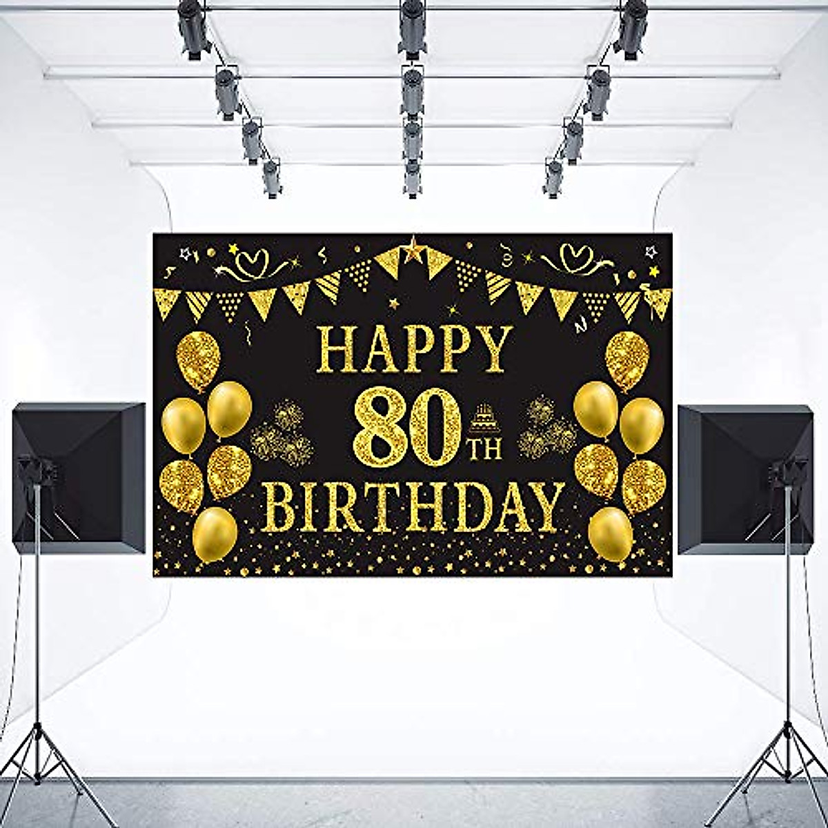 Trgowaul 80th Birthday Backdrop Gold and Black 5.9 X 3.6 Fts Happy Birthday Party Decorations Banner for Women Men Photography Supplies Background Happy Birthday Decoration