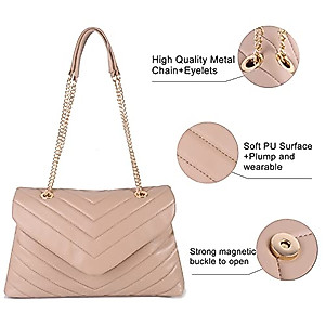 LMKIDS Quilted Crossbody Bags for Women, Trendy Roomy Shoulder Handbags with Flap Gold Hardware Chain Purses Shoulder Bag (Apricot-12.6in)