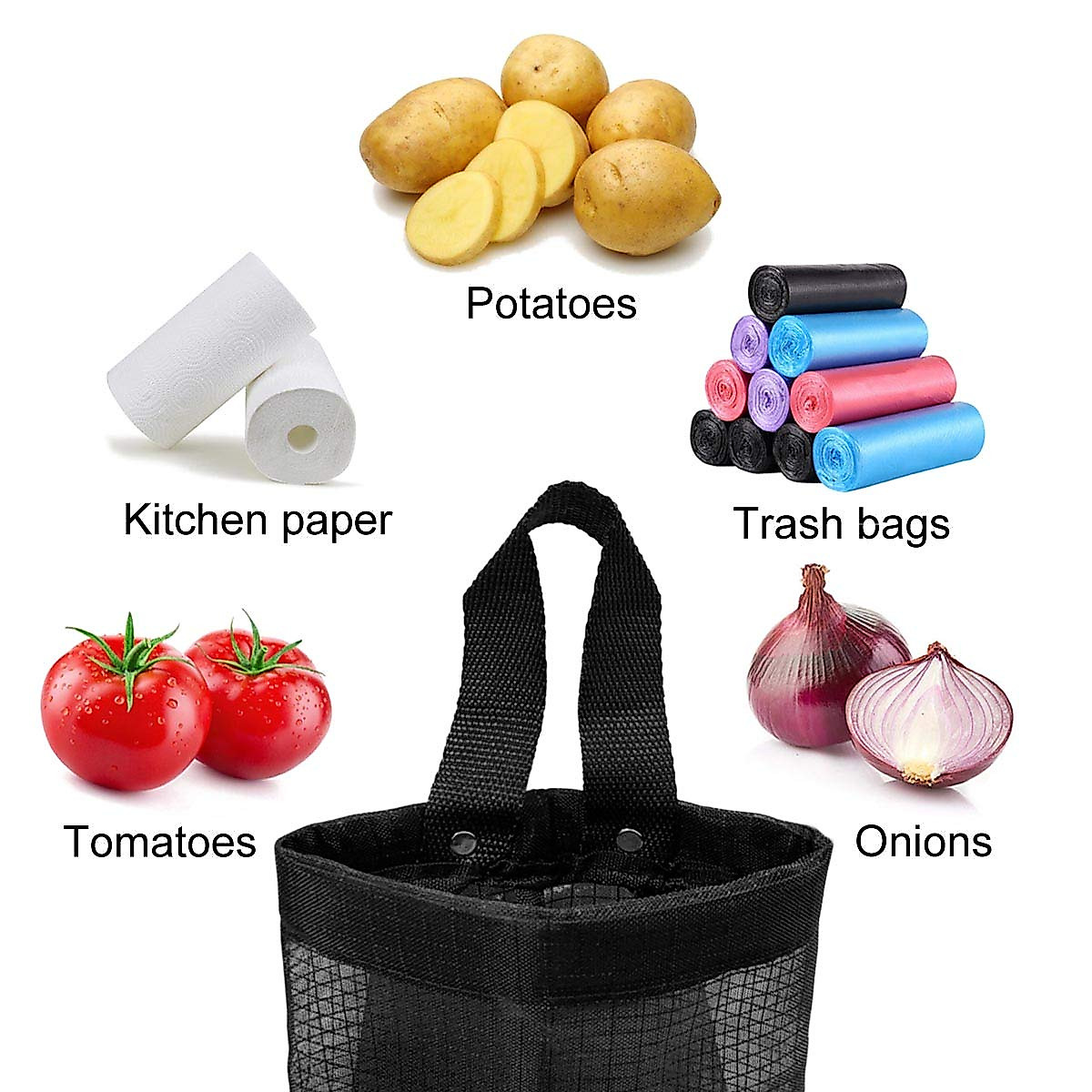 2 Pcs Plastic Bag Holder Trash Bags Storage Dispenser Organizer for Home Kitchen Mesh Hanging Storage Dispensers Recycling Garbage Folding Hanging Storage Bag Grocery Bags Holder with 4 Hooks (Black)