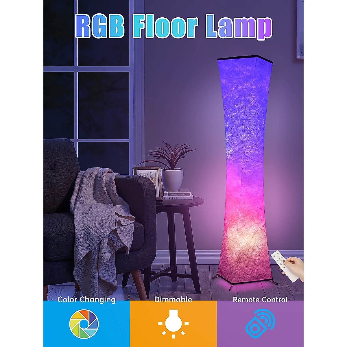 UVII RGB Floor Lamp with Remote, 62" Color Changing LED Lamp Remote Control, Dimmable Standing Lamp for Living Room, Bedroom, Gaming Room, Modern Soft Light