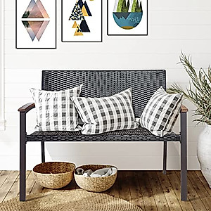 Tangkula Outdoor Stackable Bench, All-Weather PE Wicker Loveseat with Acacia Wood Armrests, 2-Person Heavy Duty Metal Frame Patio Bench, for Garden, Front Porch, Courtyard