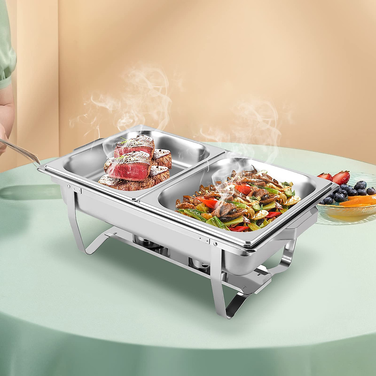 LOYALHEARTDY Chafing Dish Buffet Set, 9.51 Qt Chafer Complete Set Food Warmer Pan with Foldable Frame Water Trays Food Pan Fuel Holder and Lid Buffet Servers and Warmers for Parties, Wedding, Events