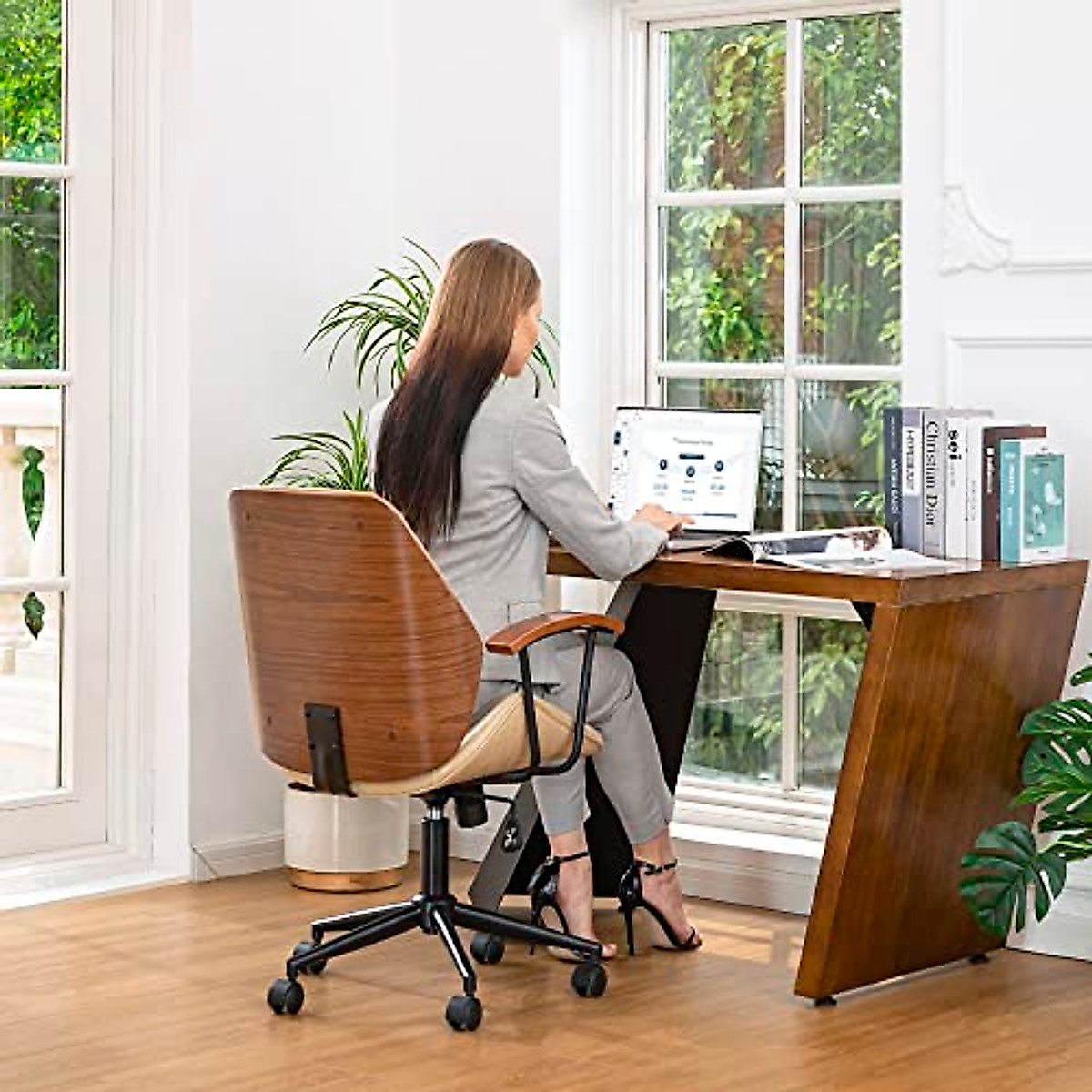 glitzhome Adjustable Mid-Back Home Office Chair, Thick PU Leather Padding for Comfort Ergonomic Design and Lumbar Support, Executive Swivel Desk/Task Chair with Arm,Cream
