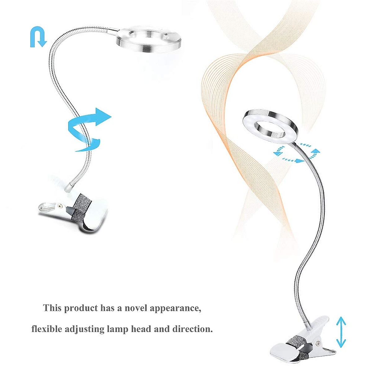 Desk Lamp Clip on Light, USB Powered LED Desk Lamp, Reading Light, Round Ring Arm Flexible Swing Eye Protection Eye Caring Small Lamp for Bed Headboard Reading Makeup Eyebrow