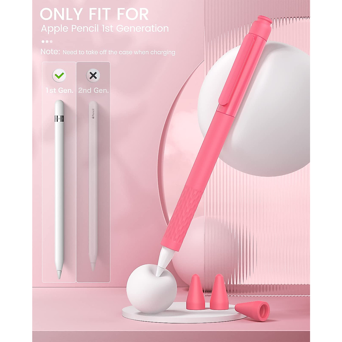 MoKo Silicone Pencil Sleeve for Apple Pencil 1st Generation, Lightweight Apple Pencil Silicone Cover Anti-Slip Grip iPad Pencil Holder with Clip, 3 Nips, Watermelon Red