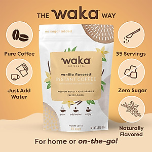 Waka Instant Coffee, Vanilla Flavored - 100% Arabica Beans, Freeze Dried Granules, No Additives - Bulk Bag for Quick Hot and Iced Coffees, Up to 35 Cups (3.5oz)