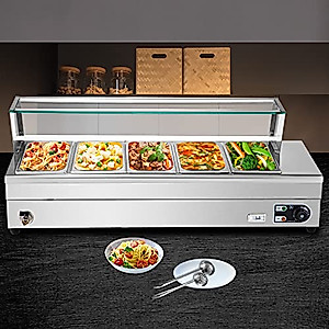 VEVOR Commercial Food Warmer, 5 x 1/2 Pans, 44 Qt Electric Bain Marie with 6" Deep Pans, Stainless Steel Steam Table with Tempered Glass Shield, 1500W Countertop Buffet Warmer with Lids & Ladles, 110V