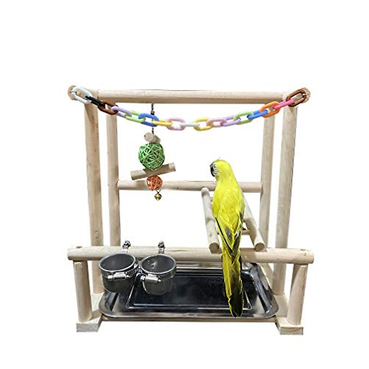 NAPURAL Bird Playground Bird Play Stand Cockatiel Playground Wood Perch Gym Playpen Ladder with Feeder Cups Toys Exercise Play (Include a Chewing Toy)
