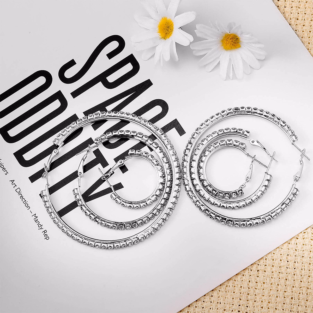 5 Pairs Large Crystal Hoop Earrings Set Big Shiny 3-7 cm Round Party Earrings Lightweight Rhinestone Hoop Earrings for Women Jewelry (Silver)