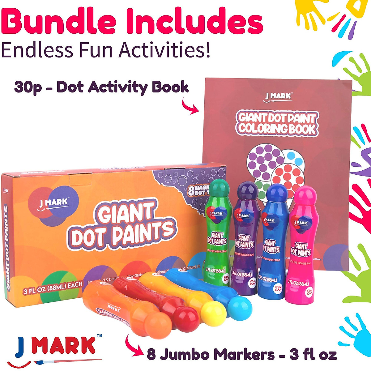 J MARK Jumbo Washable Dot Markers for Toddlers –Dabbers (3 Oz each) with Educational Activity Book – Dot Markers Washable -Easy Grip Bingo Daubers for kids, Arts Crafts Dot Markers for Kids