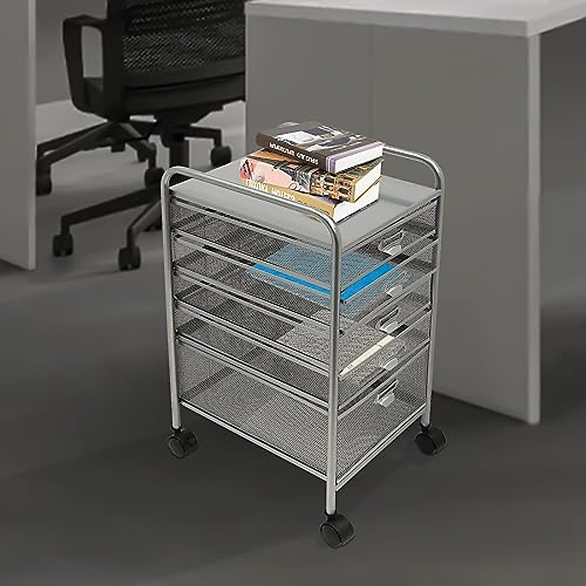 Rolling Carts with Wheels and Drawers, Metal Mesh 5 tier Rolling File Cart File Cabinet with Drawers Storage Cart, Silver