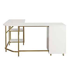 Techni Mobili L Shaped Desk - Two-Toned Computer Desk with Drawers & Storage Shelves - Simple Modern Furniture & Home Office Space Corner Table for Work & Writing
