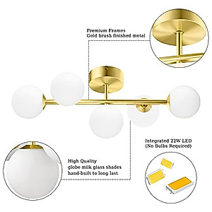 Bathroom Vanity Lights, 5-Light Bathroom Light Fixtures, Mid Century Modern Gold Bathroom Light Ceiling Light, Dimmable LED Wall Sconces Semi-Flush Mount Light Fixture with Milk Glass, Gold Brushed