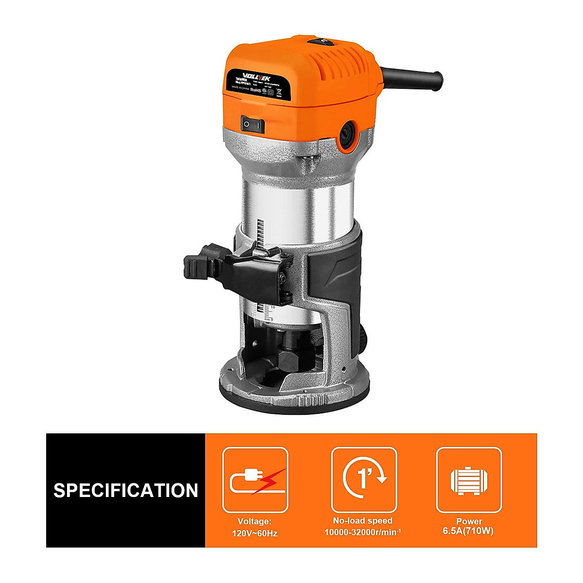 VOLLTEK 6.5-Amp Wood Router Tool, 1.25 HP Compact Trim Router with 5PCS Wood Router Bits, Edge Guide, Roller Guide, Dust Hood and 1/4" & 3/8" Collets Dobetter