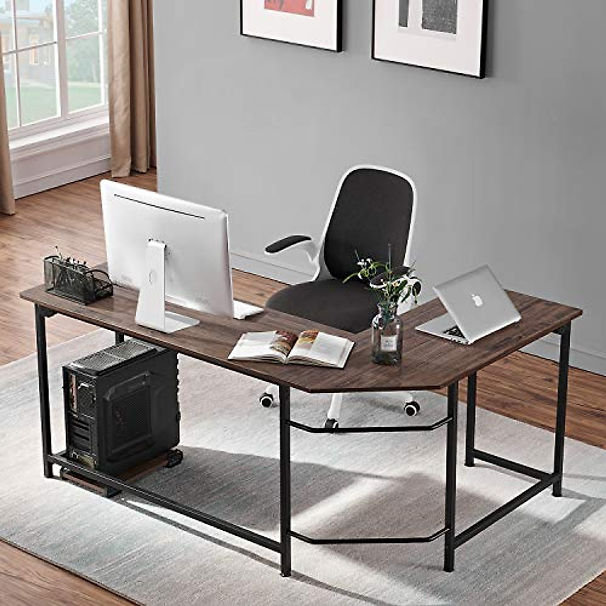 VECELO Corner Desk 66" with CPU Stand/PC Laptop Study Writing Table Workstation for Home Office Wood & Metal,Coffee+Black Leg, L-Shaped