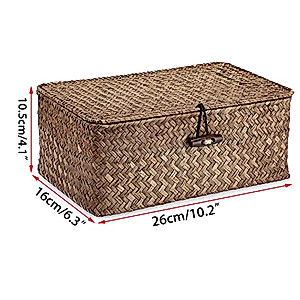 Hipiwe Wicker Shelf Baskets Bin with Lid, Handwoven Seagrass Basket Storage Bins Rectangular Household Basket Boxes for Shelf Wardrobe Home Organizer, Coffee Small