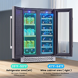 Wine Cooler Beverage Refrigerator, 24” Wine Fridge with Dual-Zone Digital Temperature Control, Glass Front Doors and Interior Lighting Holds 20 Bottles and 88 Cans on Removable Shelves