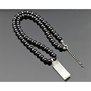 ElisaJewelryArt - Natural Raw Selenite Pendant Natural Black Onyx Beaded Necklace Genuine Gemstone Angel Stone Clasp Closure Hematite Necklace Unisex Necklace (22, Raw Selenite)