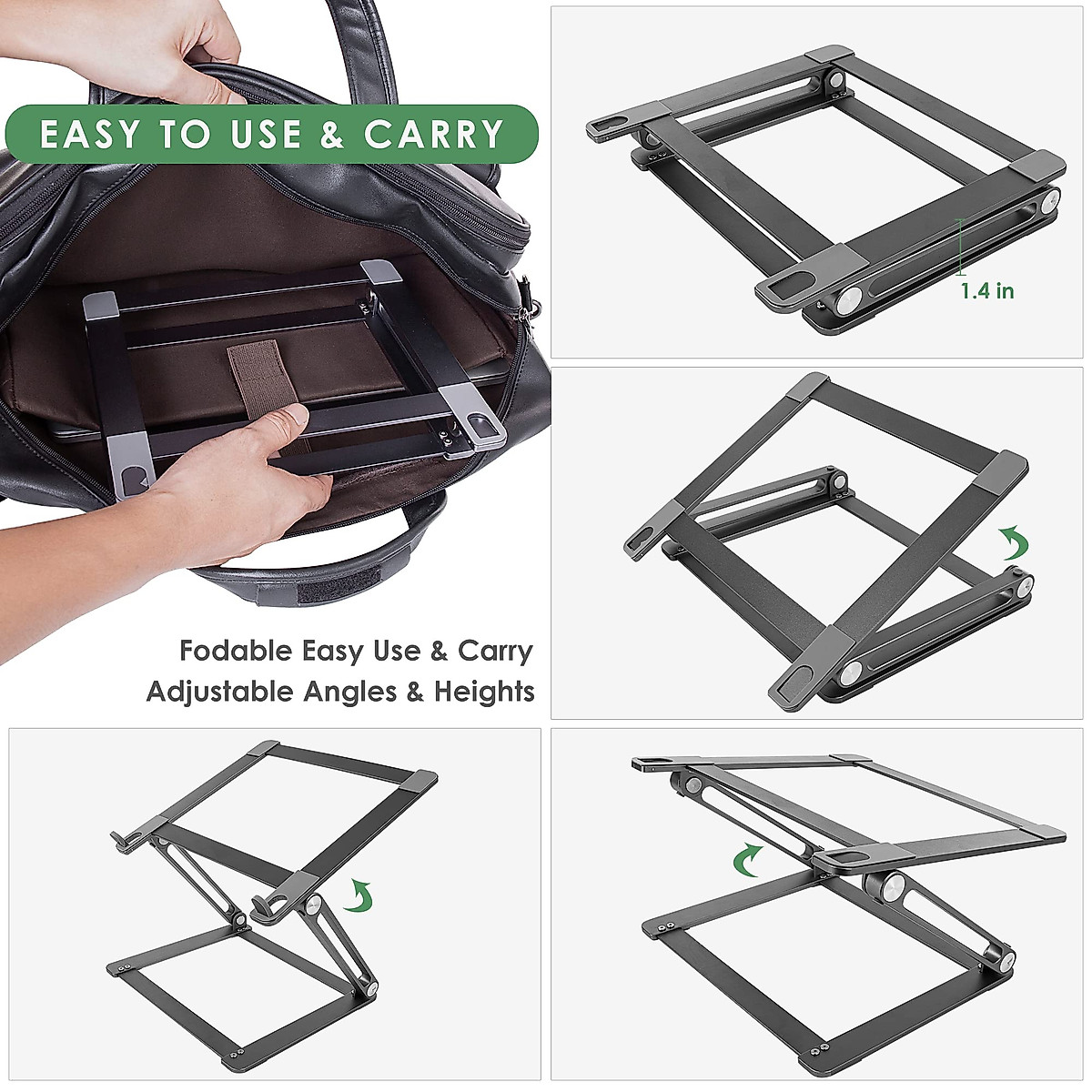 Laptop Stand Holder Adjustable Height, LOTEYIKE Aluminum Portable Laptop Riser for Desk with Foldable Hook, Multi-Angle Computer Stand for Laptop Compatible for MacBook Air/Pro, 10-17" Notebooks, Grey