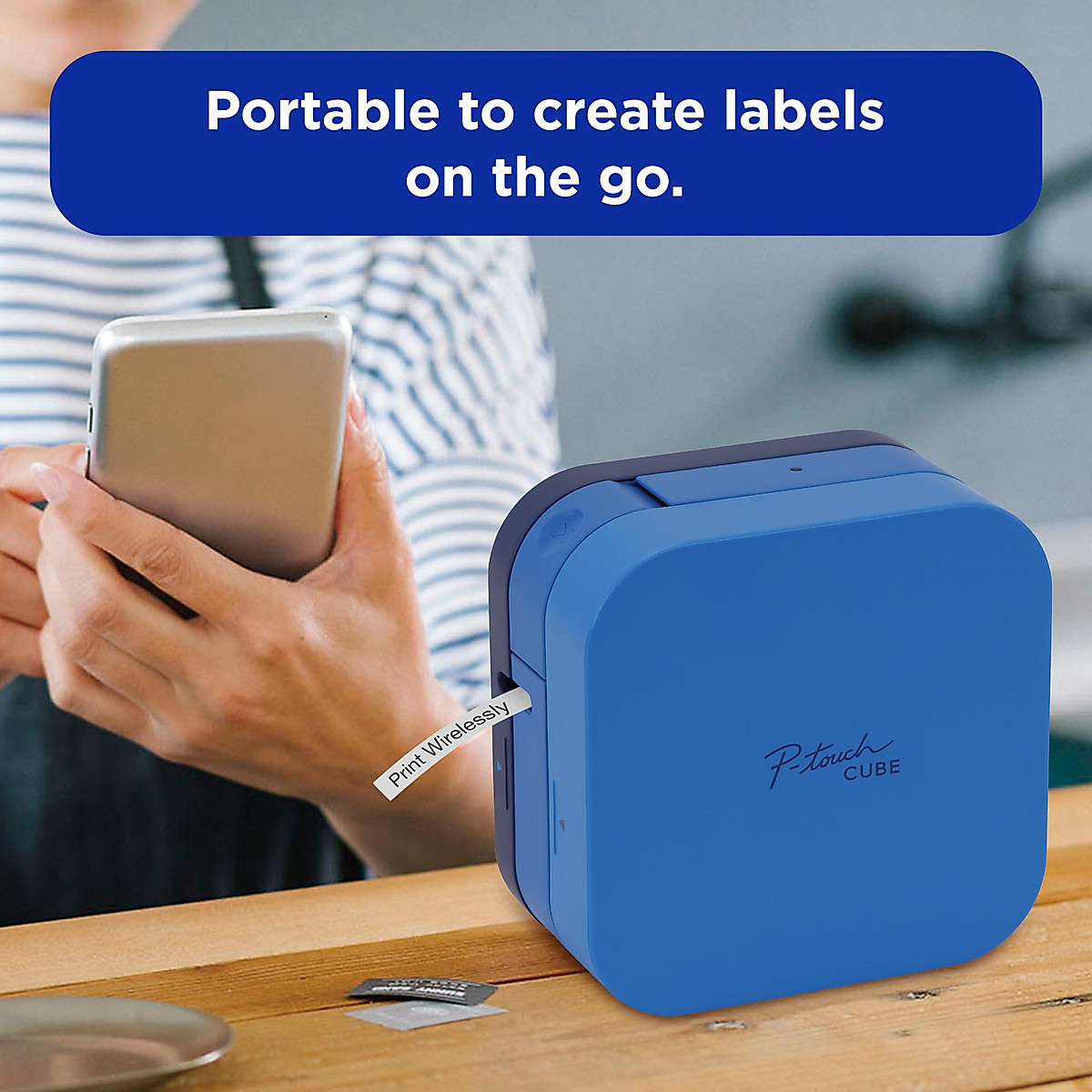 Brother P-Touch Cube Smartphone Label Maker, Bluetooth Wireless Technology, Multiple Templates Available, Apple & Android Compatible - Blue