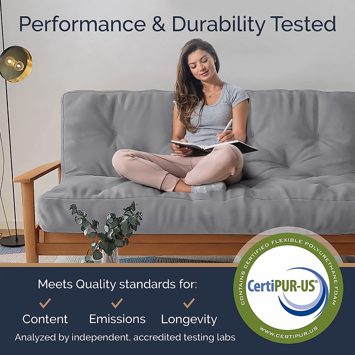 Loosh Full Size Sofa Bed Foam Canvas Futon Mattress - 12" USA Made, Black, Frame Not Included