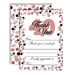 Amanda Creation Confetti Rose Gold Polka Dot 40th Birthday Themed Thank You Notes, Ten 4" x 5.5" Fill In the Blank Cards with 10 White Envelopes