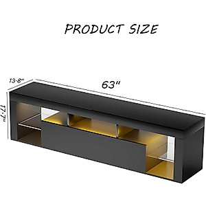 Gitua Floating TV Stand Wall Mounted, High Gloss LED Floating Entertainment Center with Storage&Adjustable Glass Shelf, TV Stand for 65 Inch TV, Gaming Media Center Console Table with Lights, Black