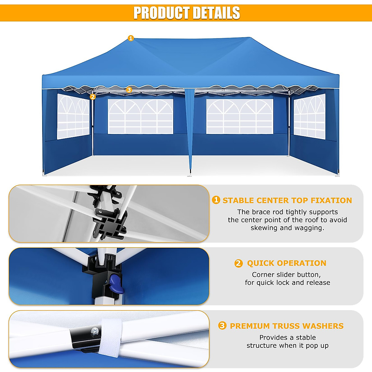 HOTEEL 10x20 Canopy Pop up Canopy with 6 Sidewalls, Easy Setup Canopy Tent Waterproof Tents for Parties with Wheeled Bag, 4 Weight Bag, UV50+ Outdoor Event Tent Vendor Tent, High Roof, Metal Leg, Blue