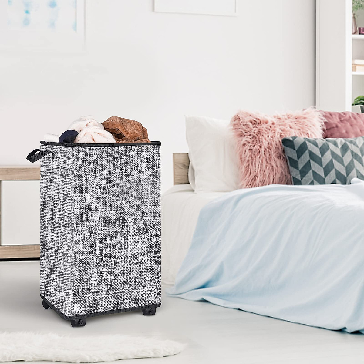 PHESWISOM 90L Large Rolling Laundry Hamper, Laundry Basket with Wheels and Handle for Storage, Dirty Clothes Hamper for Laundry, Tall Laundry Basket, Collapsible Laundry Hamper for Bathroom Dorm, Grey