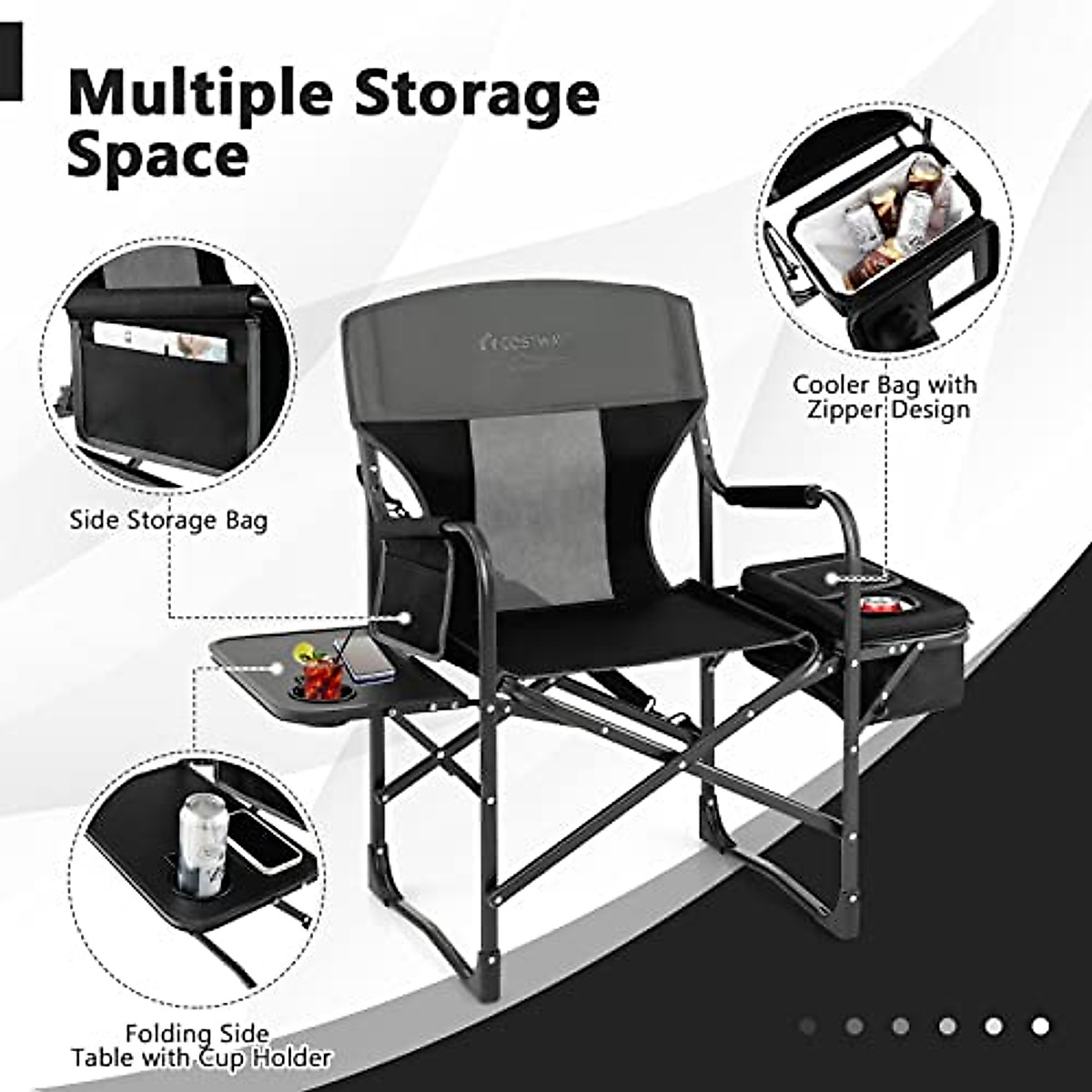 COSTWAY Folding Camping Chair, Heavy-Duty Director Chair Supports 400lbs for Adults with Side Table, Cooler Bag, Storage, Strap, Portable Makeup Chair Suitable for Fishing Picnic, Black