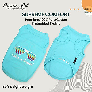 Parisian Pet Dog Tshirt - Embroidered “Life’s a Beach“ Dog Shirt - Lightweight Dog Tank Top- 100% Cotton, Dog Tee Shirts - Summer Dog Clothes - Machine Washable Dog Shirt for Large Dogs -2XL