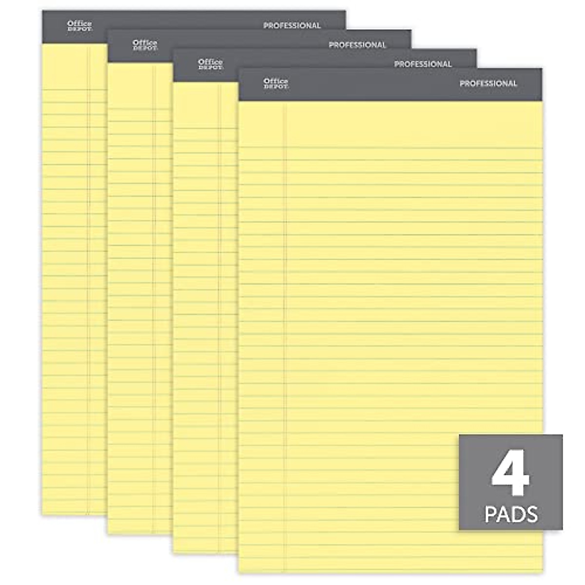 Office Depot Professional Legal Pad, 8 1/2in. x 14in., Canary, Legal Ruled, 50 Sheets, 4 Pads/Pack, 99489