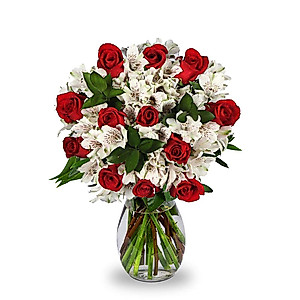 Red and White Flower Bouquet- Roses and Alstroemerias with Greens- Fresh Flower Arrangement